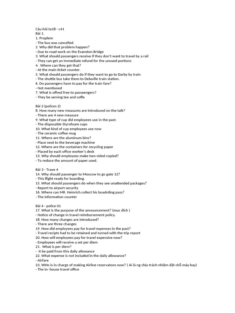 Câu hỏi ta18 | PDF | Per Diem