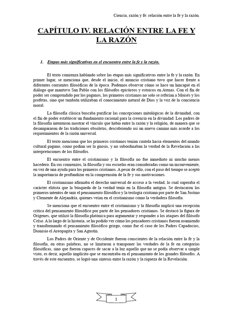 Ciencia, Razón y Fe. La Relación Entre La Fe y La Razón. CAPÍTULO IV ...