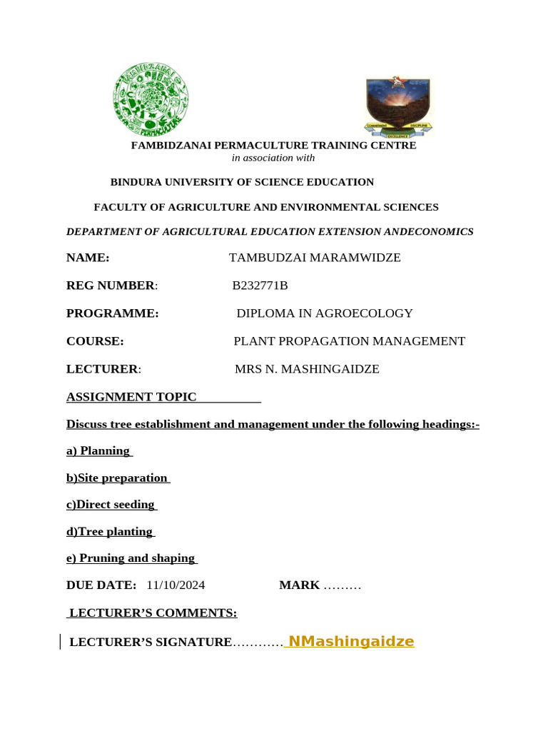 Discuss Tree Establishment and Management Under The Following Headings ...