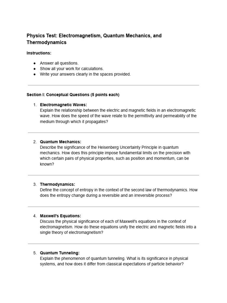 Physics Test - Electromagnetism, Quantum Mechanics, and Thermodynamics ...