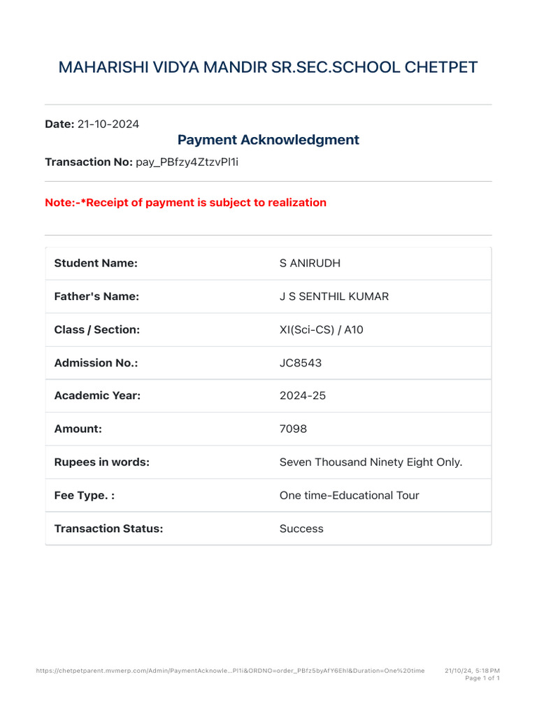 MVM Chetpet Fee Payment Receipt | PDF