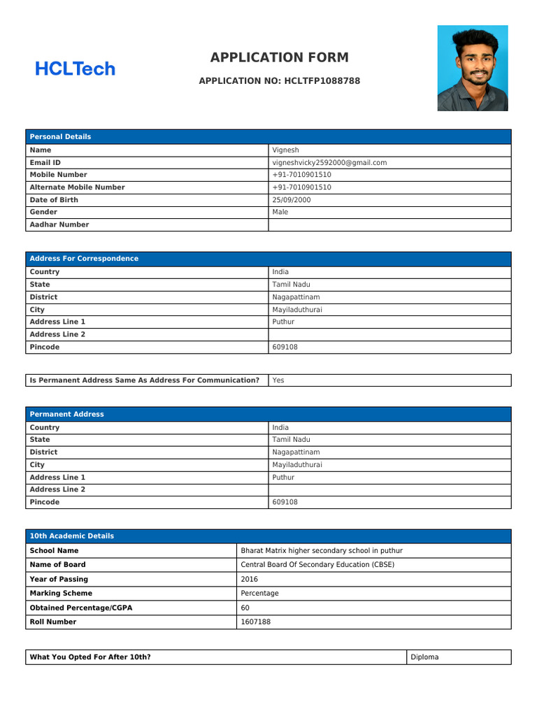 Application Form HCLTFP1088788 | PDF