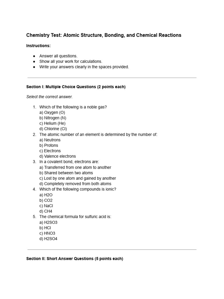Chemistry Test - Atomic Structure, Bonding, and Chemical Reactions ...