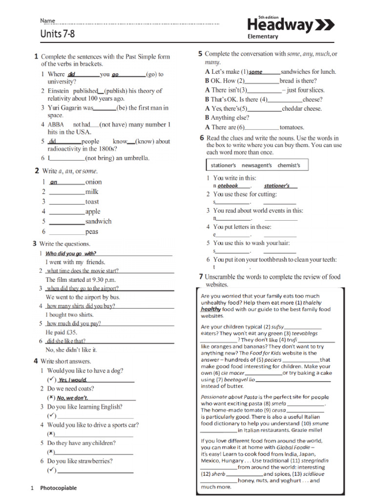 Headway 5th Elementary Units 7-8 | PDF | Language Arts & Discipline