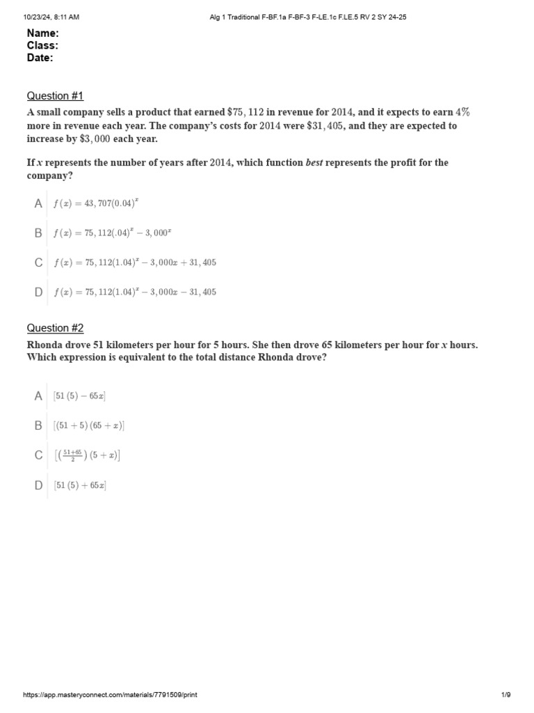Alg 1 Traditional F-BF.1a F-BF-3 F-LE.1c F.LE.5 RV 2 SY 24-25 | PDF ...