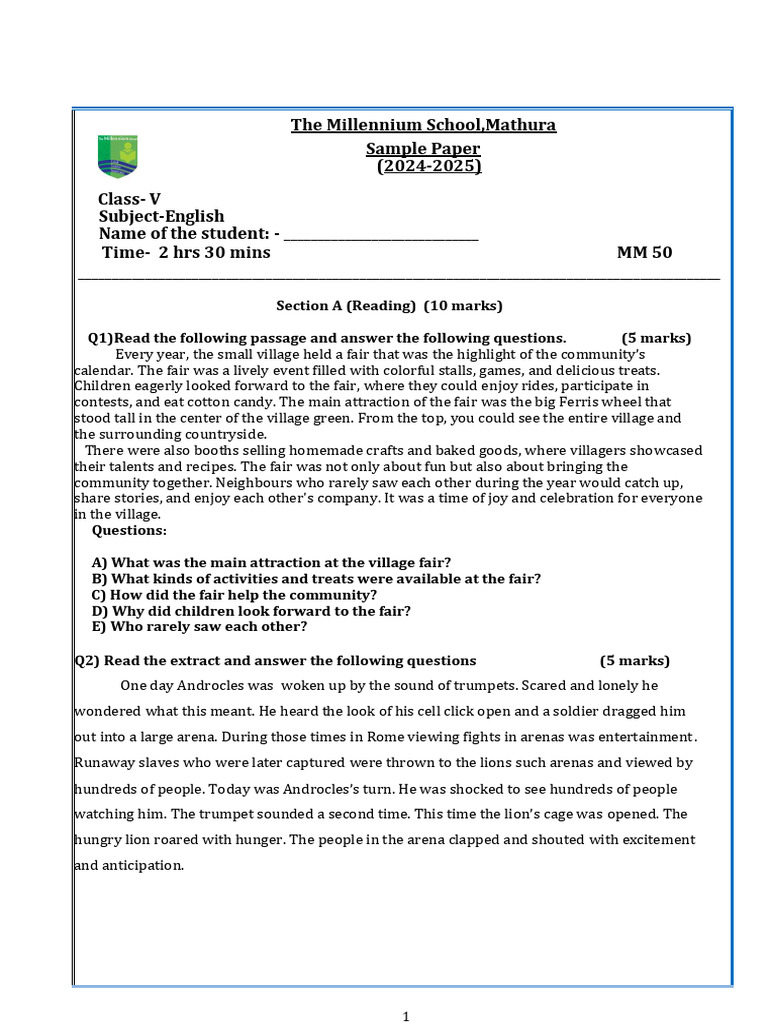 Class 5 HY Sample Ques Paper | PDF | Grammar | Linguistics