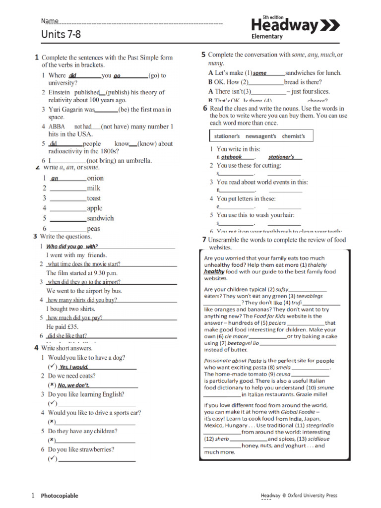 HEADWAY ELEMTARY UNITS 7-8 | PDF