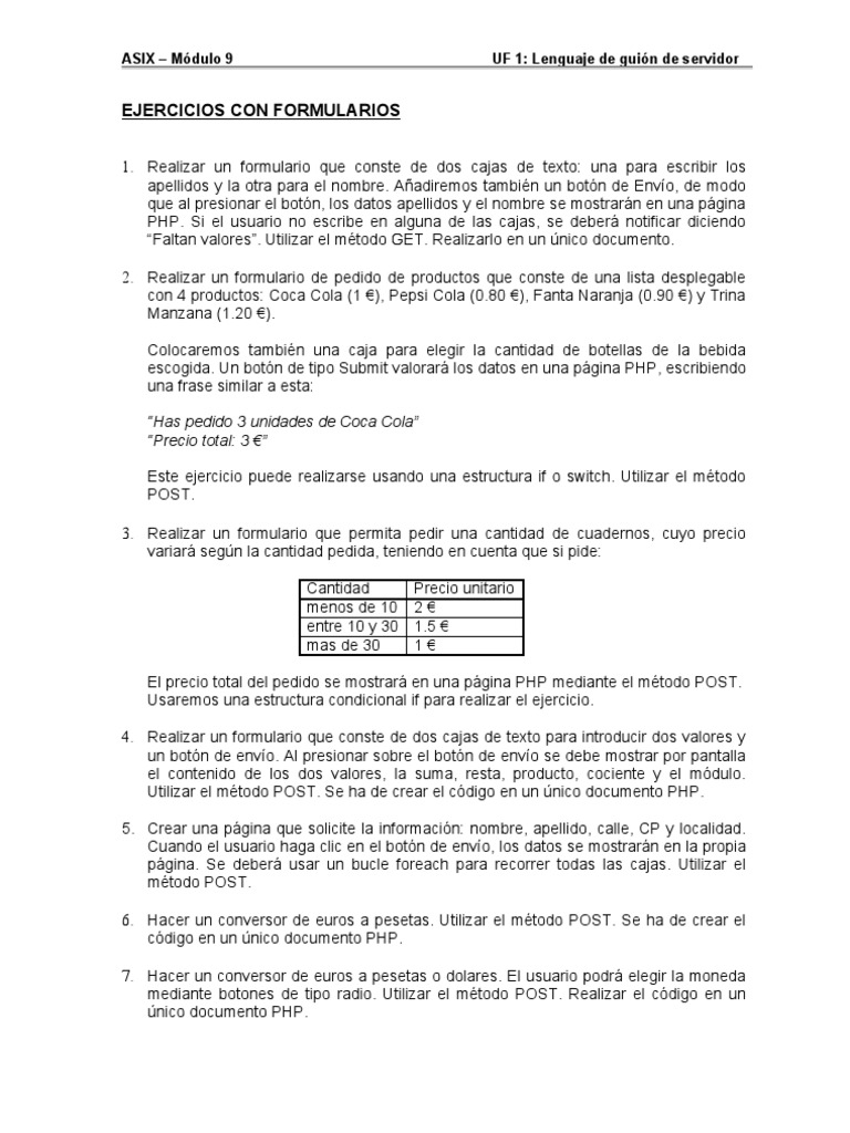 PHP - Ejercicios de Formularios | Descargar gratis PDF | Php | Servidor web