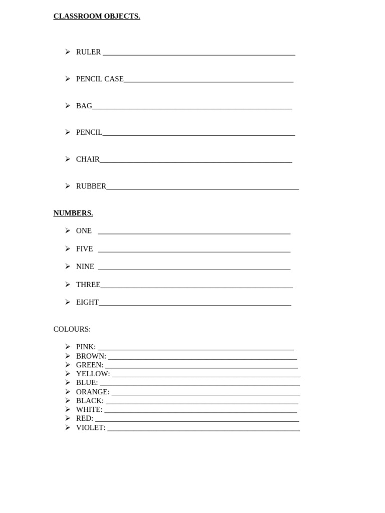 revision class numbers family rooms colours | PDF