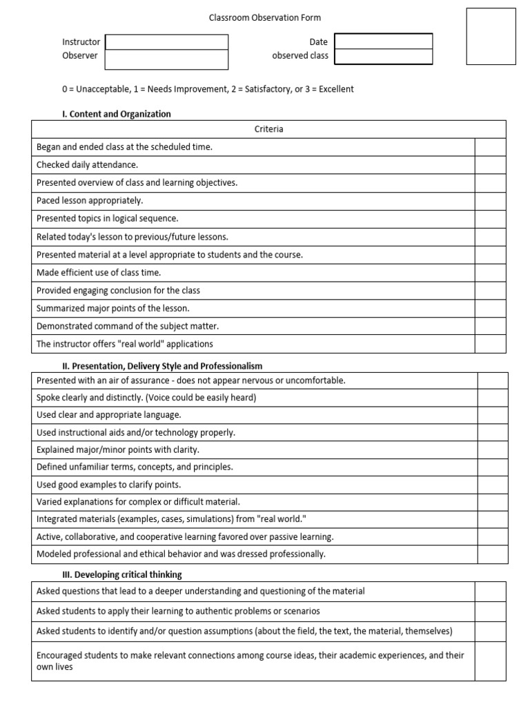 Classroom Observation Form | PDF | Learning | Teachers