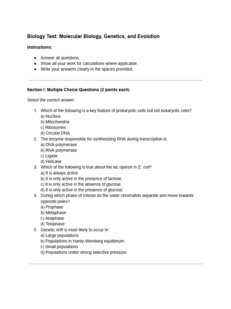 Biology Test - Molecular Biology, Genetics, and Evolution | PDF ...
