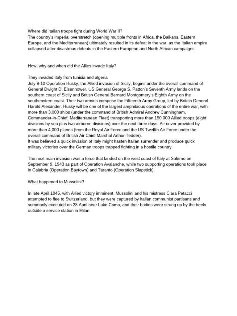 Italy WWII questions | PDF | Allied Invasion Of Sicily | Military ...