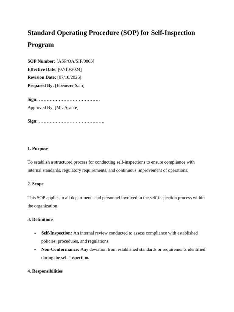 SOP for self-inspection Program | PDF | Quality Assurance | Regulatory ...