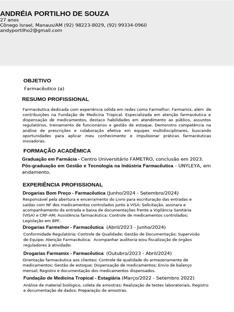 Currículo Andreia Farma | PDF | Farmacêutico | Farmácia