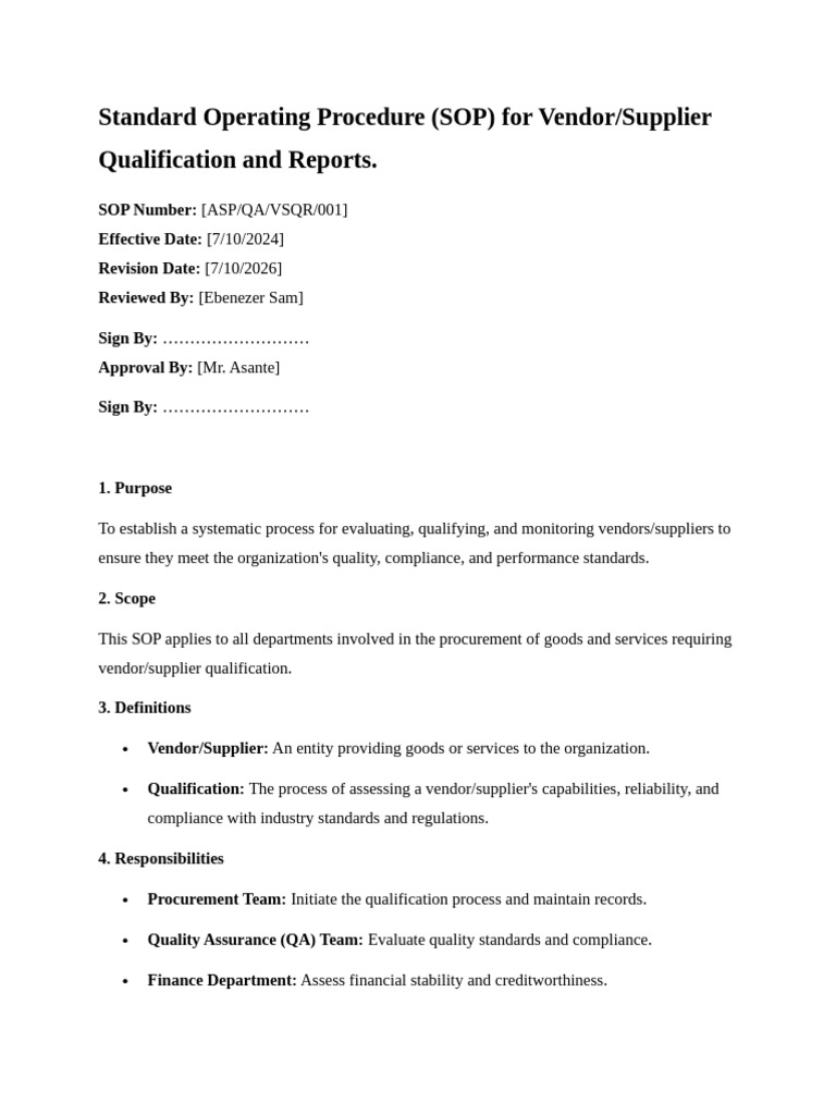 Vendor Qualification SOP | PDF | Regulatory Compliance | Quality Assurance