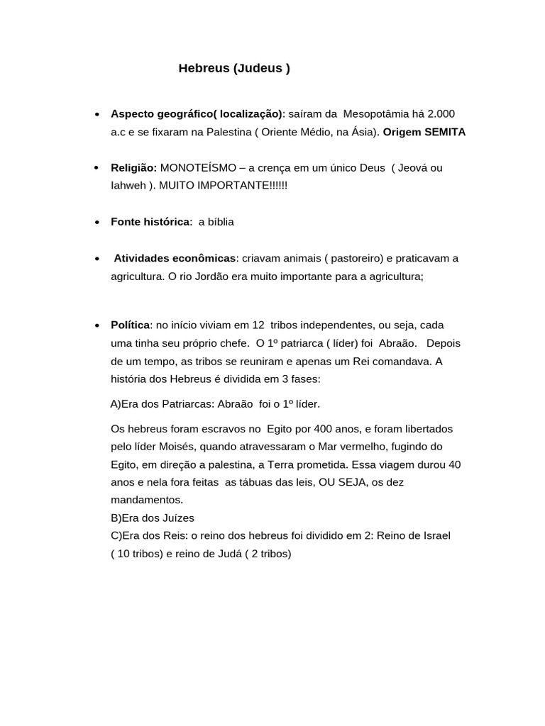 História dos Hebreus: Resumo e Fases | PDF