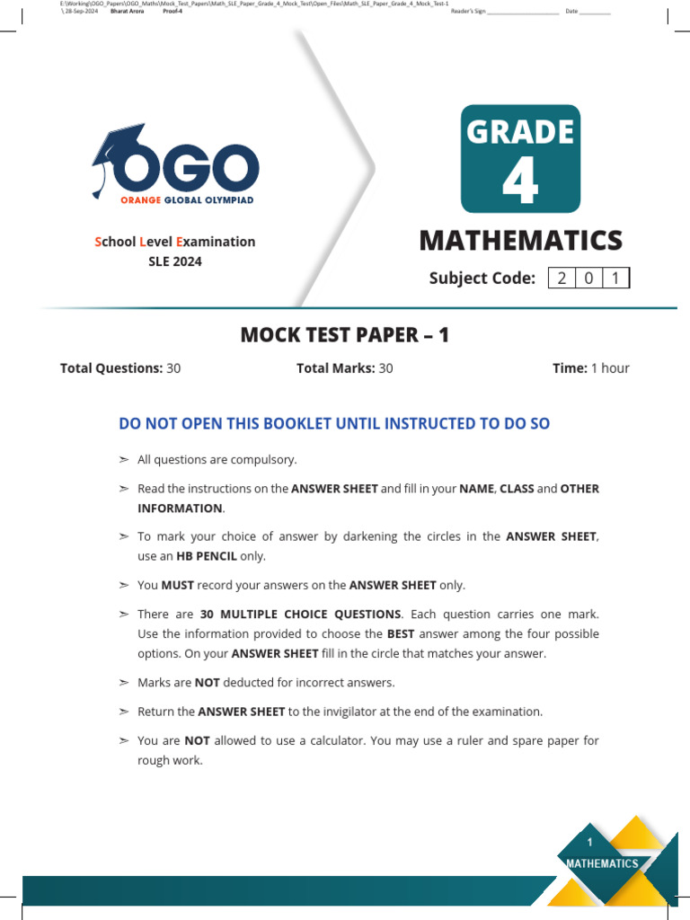 Math SLE Paper Grade 4 MTP-1 (28-09-2024) | PDF | Elementary Geometry | Euclidean Geometry