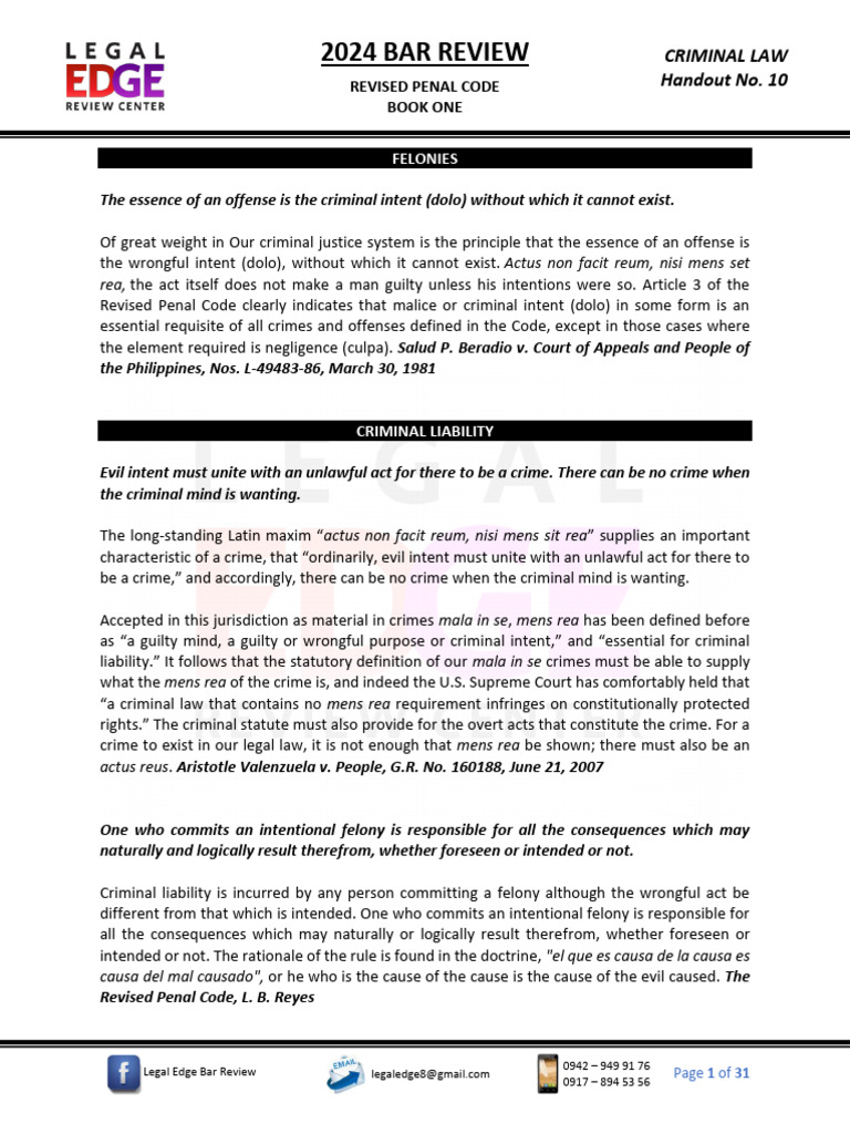 HO 10 - Criminal Law - Revised Penal Code - Book One PDF | PDF | Mens ...