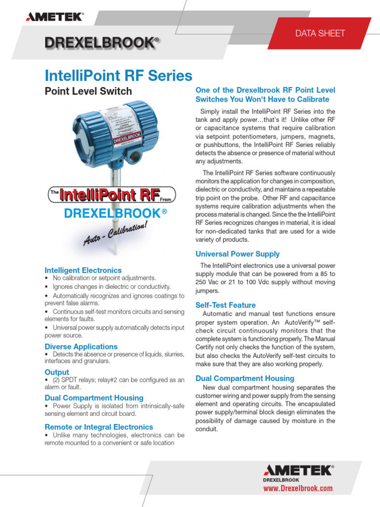 Datasheet Intellipoint Line Powered Level Switch RXL Series1 | PDF | Relay | Switch