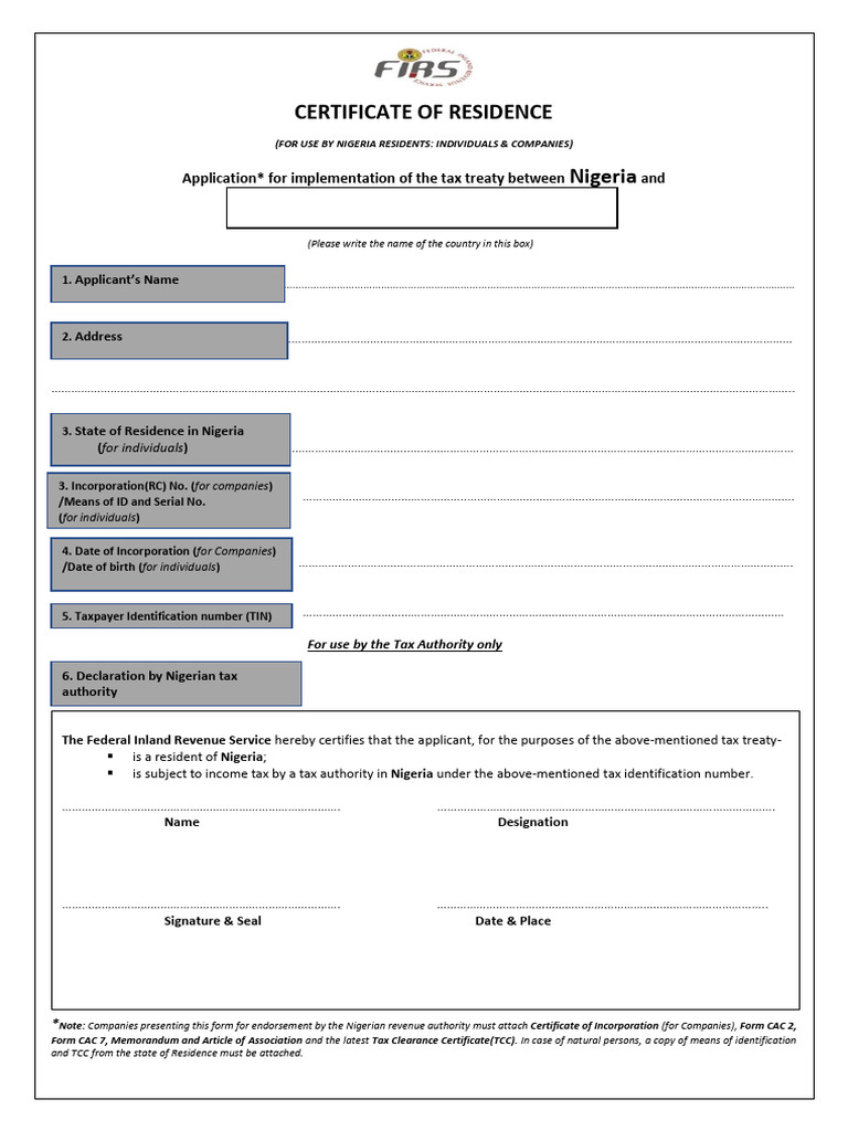 Certificate of Residency - To Be Completed by Nigerian Residents | PDF ...