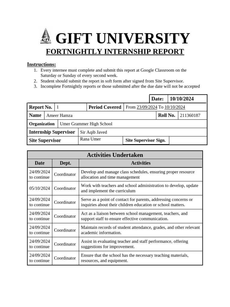 Final Fortnightly Internship Report | PDF | Teachers | Human Communication