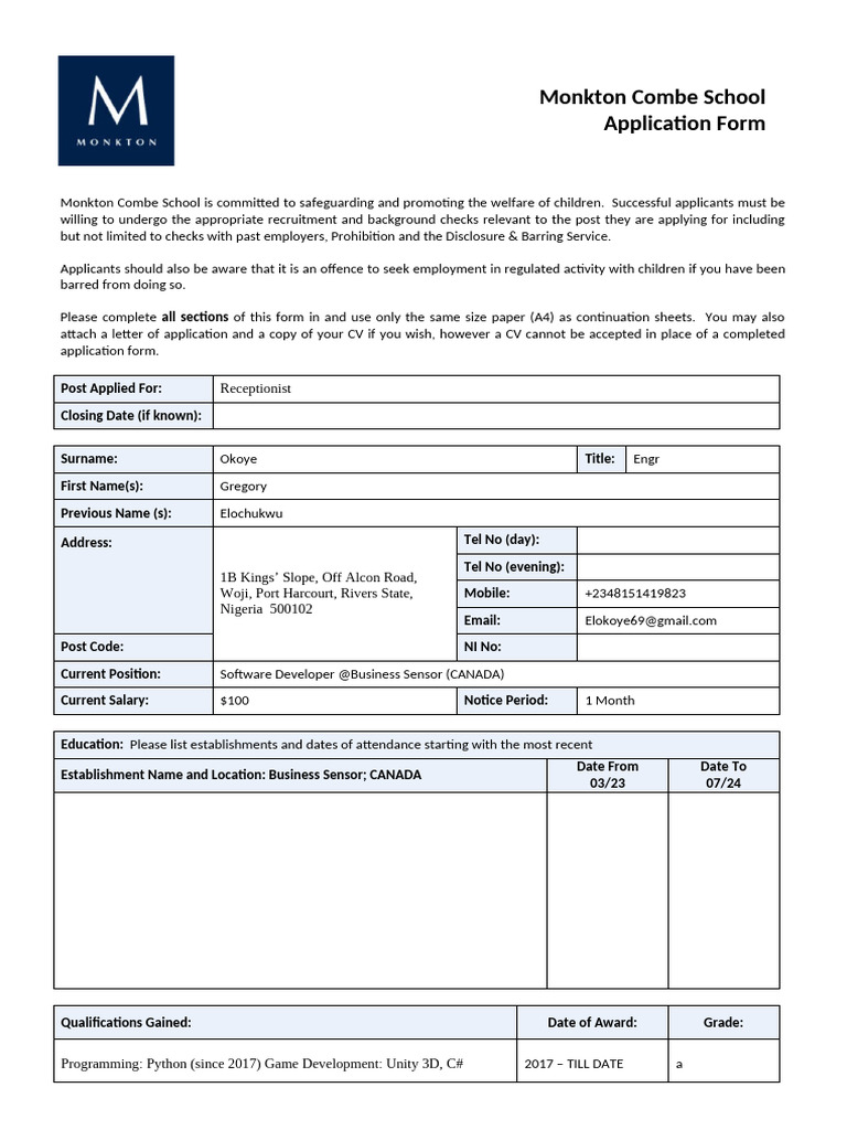 MCS Application Form 2024 - Support Staff - Receptionist | PDF ...