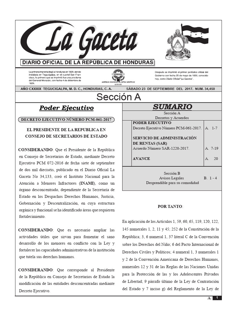 Creación del INAMI en Honduras 2017 | PDF | Honduras | Ejecutivo (gobierno)