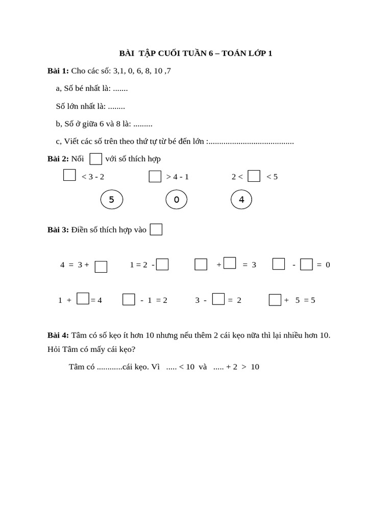 Phieu Bai Tap Toan Lop 1 Tuan 6 | PDF
