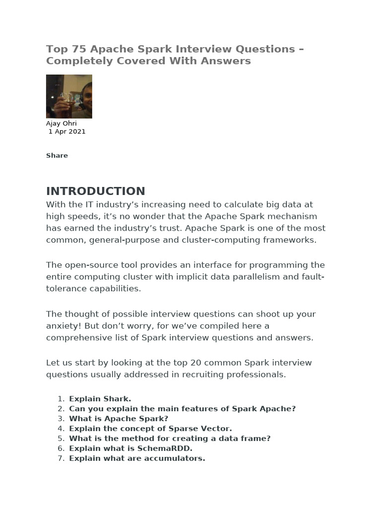 Top 75 Apache Spark Interview Questions | PDF | Apache Spark | Map Reduce