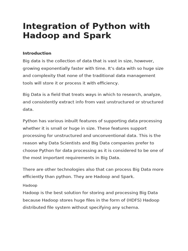 Integration of Python With Hadoop and Spark | PDF | Apache Hadoop | Apache Spark