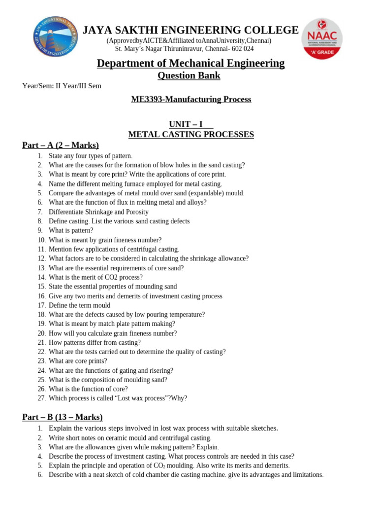 ME3393 MANUFACTURING PROCESS Question Bank | PDF | Welding | Construction