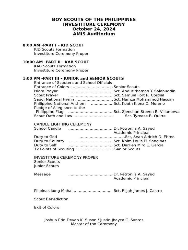 BSP Program - NVESTITURE CEREMONY | PDF | State Ritual And Ceremonies ...