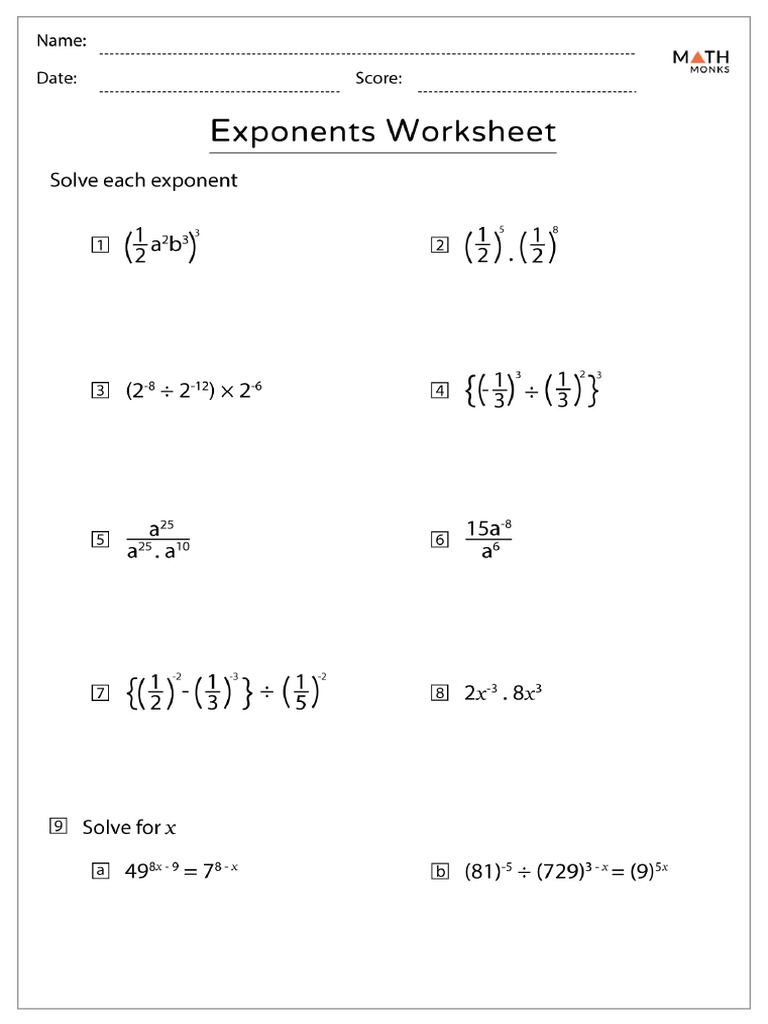 Exponents Worksheets Grade 8 | PDF