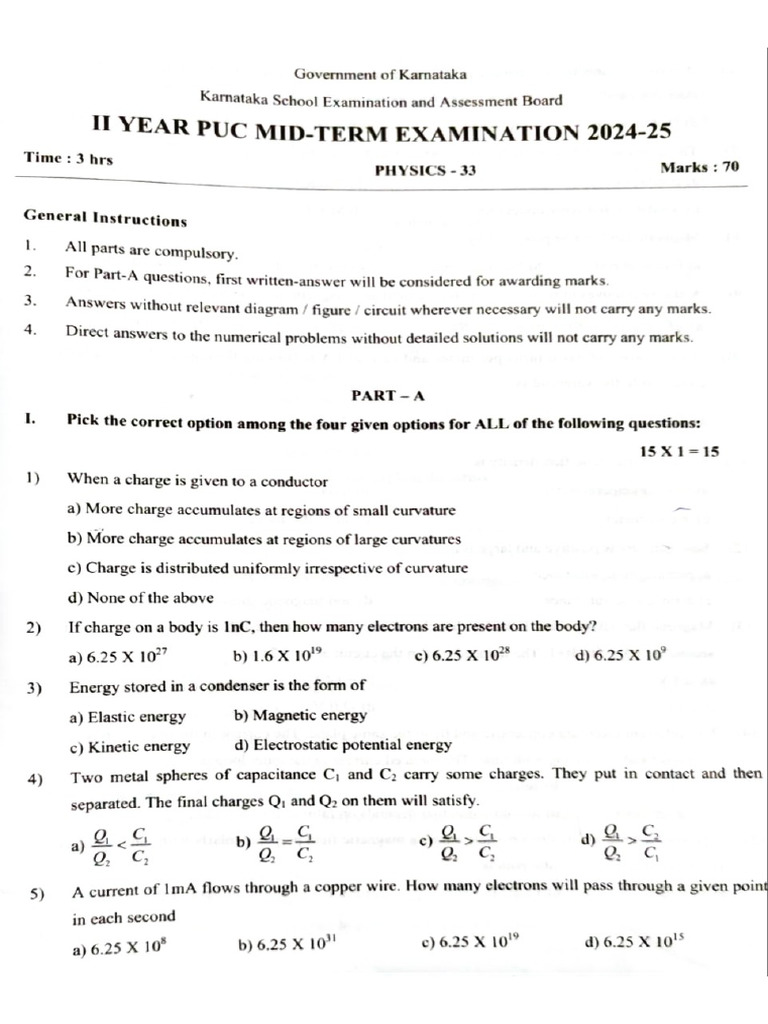 Midterm Oct 2024 Gulbarga Dist II PU Phy QP | PDF