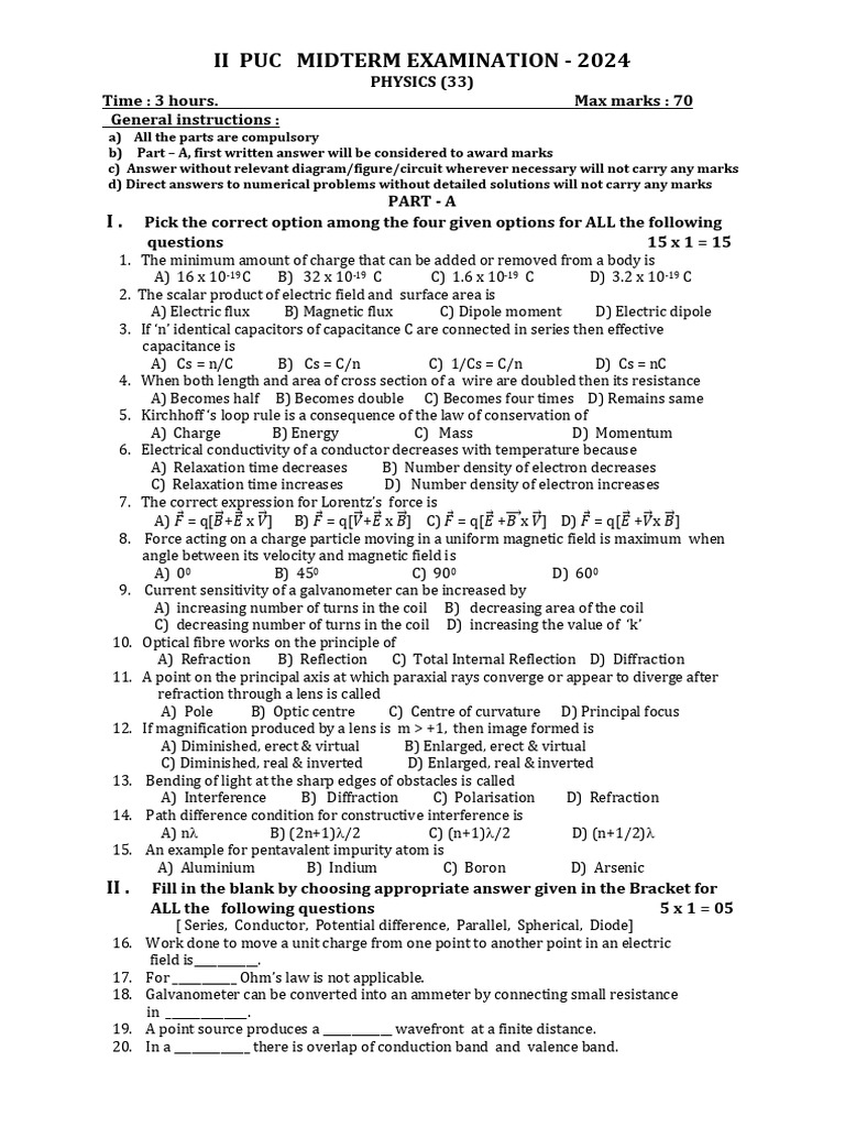 UK Dist II PU Physics QP Midterm-2024 | PDF | Optics | Capacitor