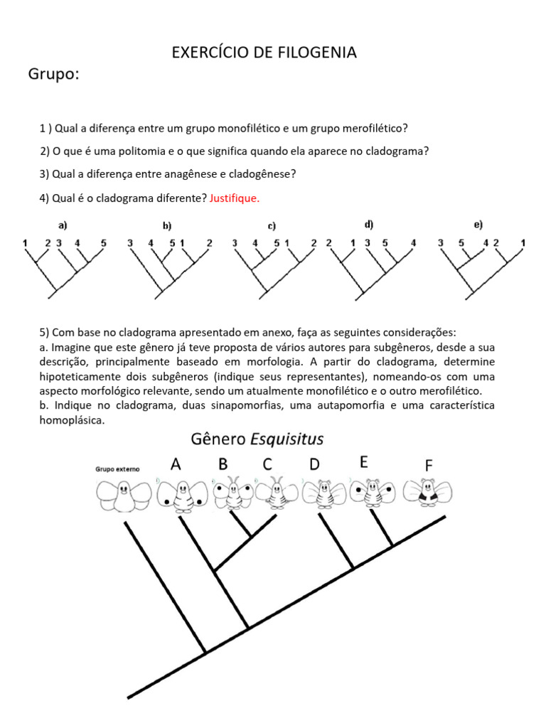 Exercícios Filogenia Profbio | PDF | Ciências e Matemática