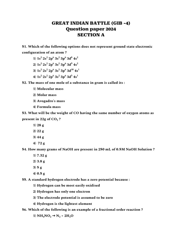 GREAT INDIAN BATTLE (GIB -4) Question paper | PDF | Redox | Chemical ...