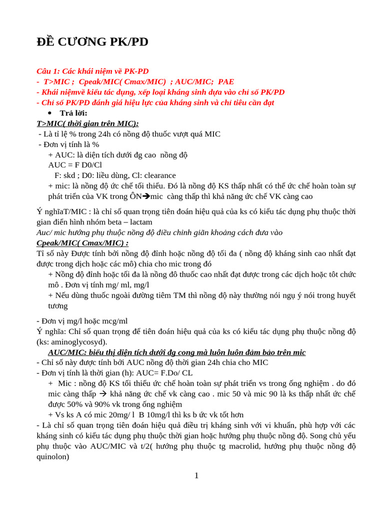 ĐỀ CƯƠNG PKPD CHUẨN | PDF