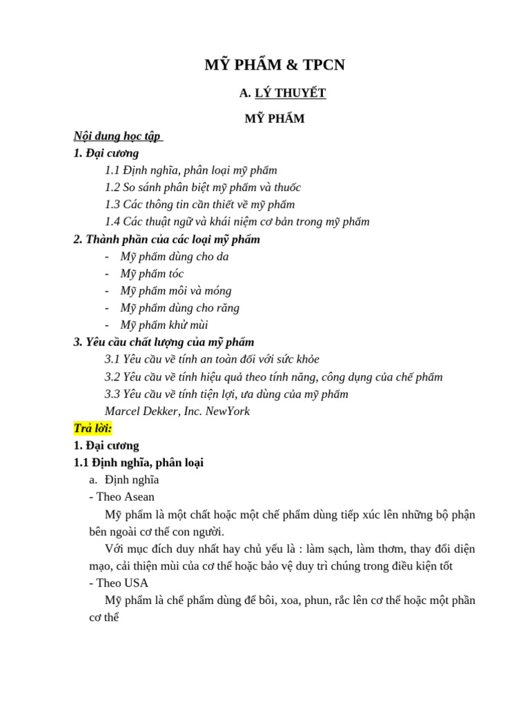 ĐỀ CƯƠNG MỸ PHẨM TPCN 1 | PDF