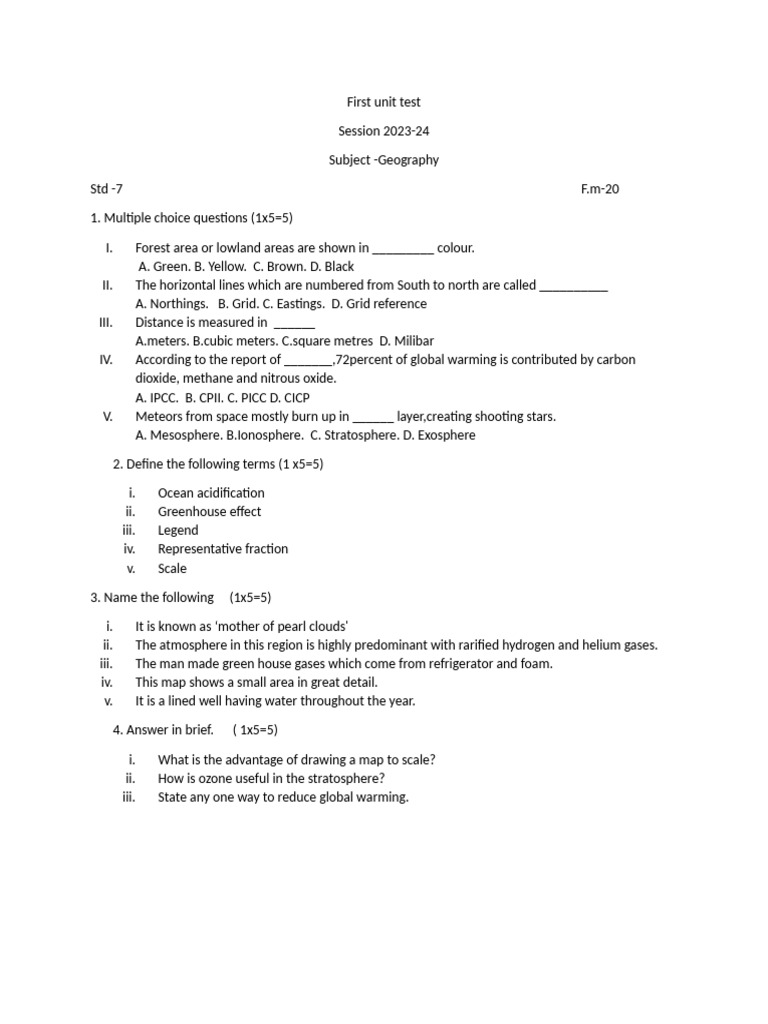 STD 7 Geography Unit Test Question Paper | PDF | Teaching Methods ...