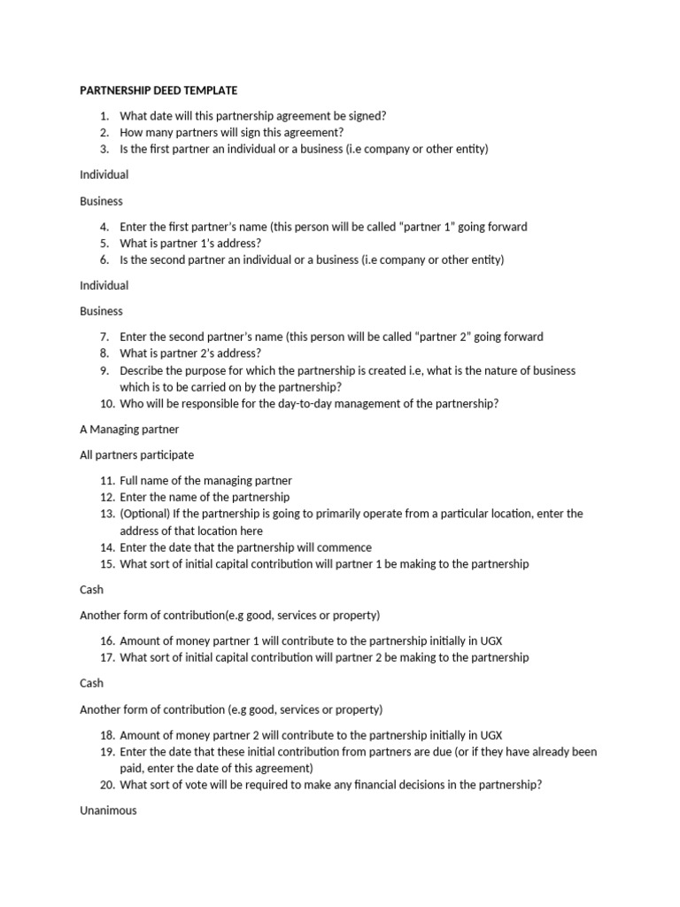 Partnership Deed Template Guide | PDF | Partnership | Interest