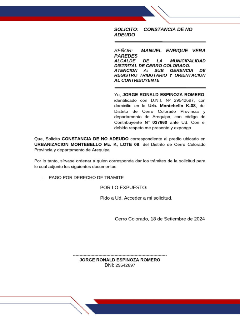 SOLICITUD CONSTANCIA DE NO ADEUDO (1) | PDF