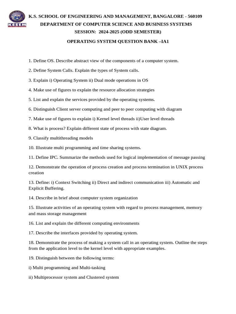 QUESTION BANK OS -IA1 | PDF