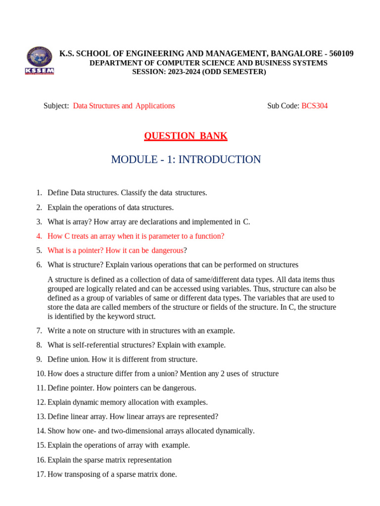 Question Bank Ds Module 1 Pdf String Computer Science Pointer Computer Programming