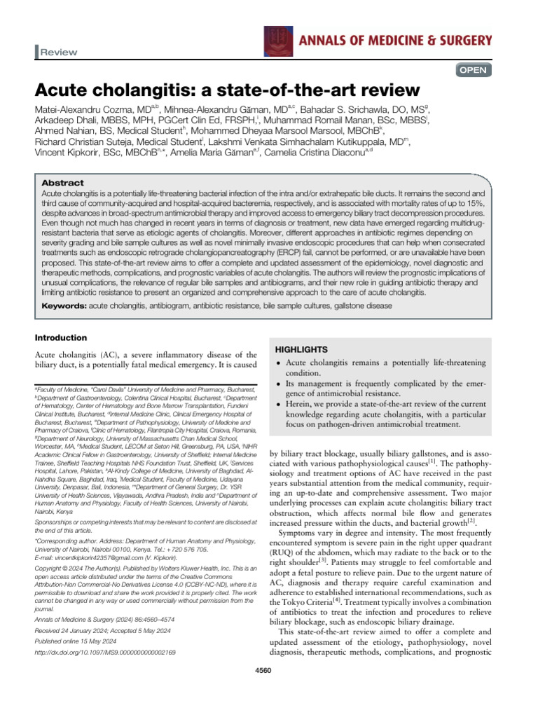 Acute Cholangitis A State-Of-The-Art Review | PDF | Gallbladder | Bile