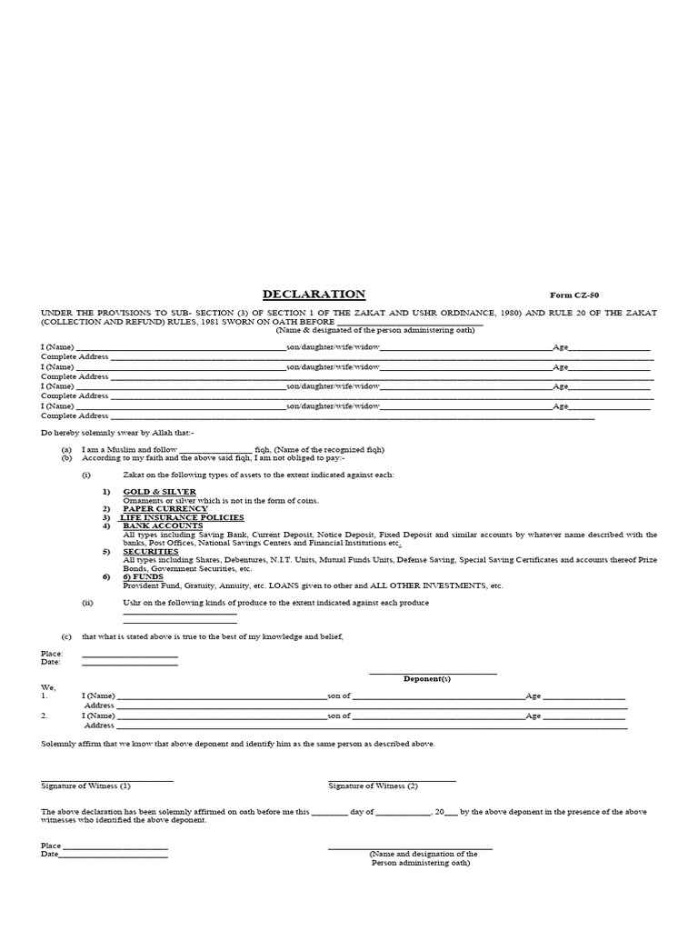 Zakat Declaration Form CZ-50 Sample | PDF | Securities (Finance) | Oath