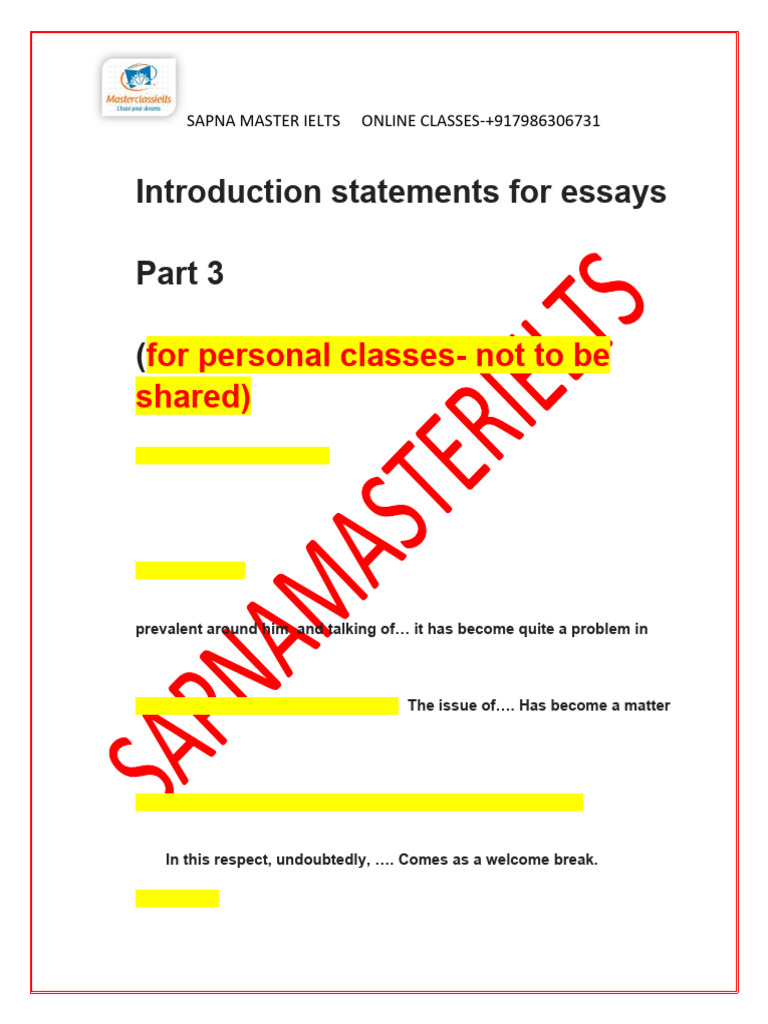 Introduction Statements For Essays - Personal Classes-Part 3 | PDF