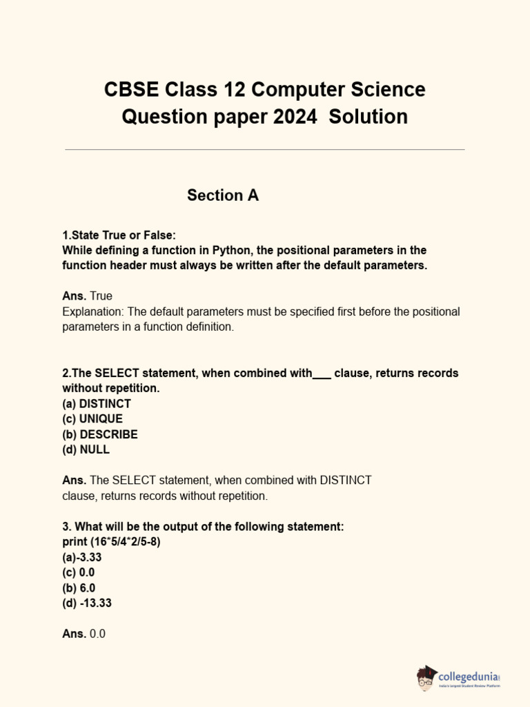 ComputerScience Board Paper 2024 - MS | PDF | Parameter (Computer ...