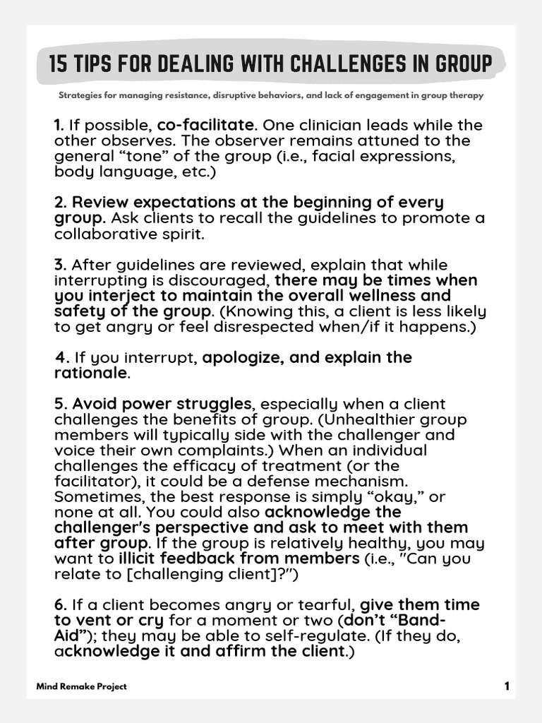 Group Therapy Challenge Management Tips | PDF | Mind | Social Psychology