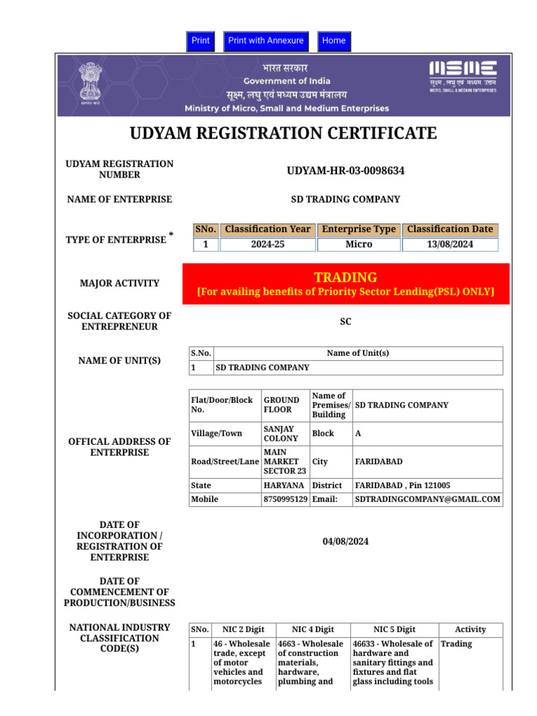 Print _ Udyam Registration Certificate | PDF